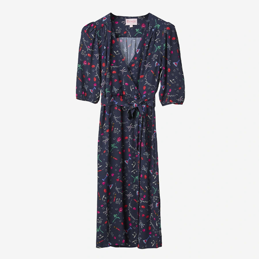 Navy blue patterned wrap dress - Rouje x Moulin Rouge